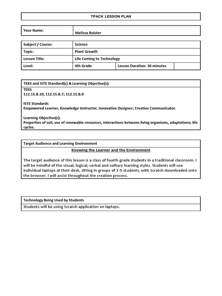 Knowing The Learner and The Environment: Tpack Lesson Plan | PDF ...