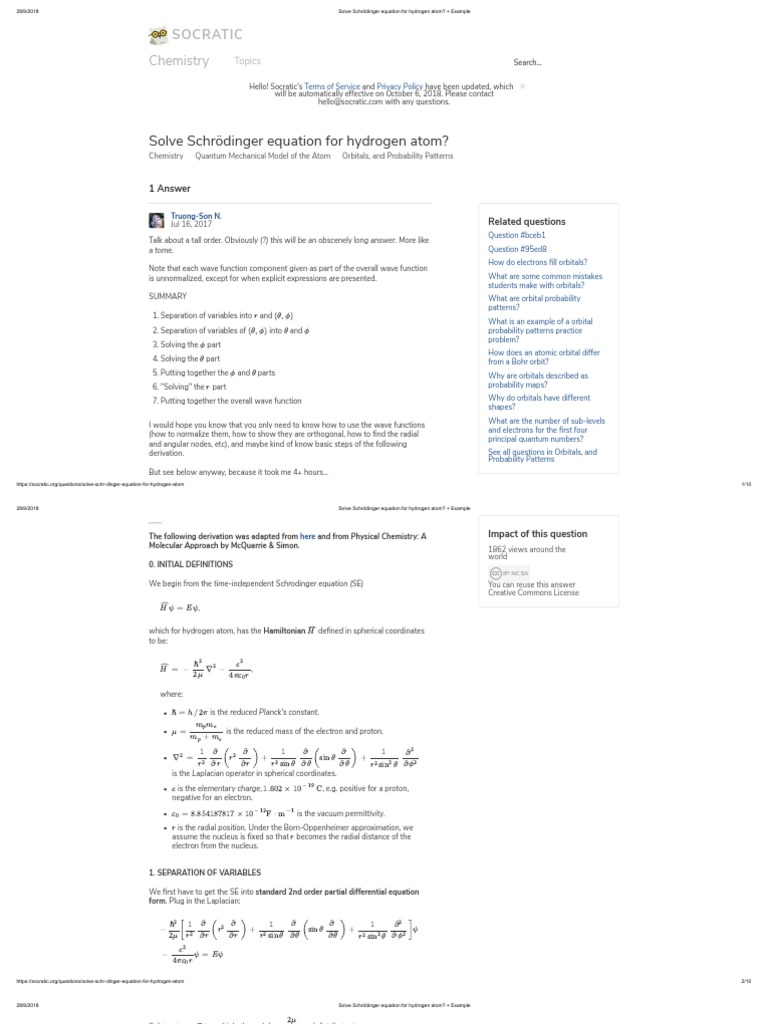 Solve Schrödinger Equation For Hydrogen Atom - + Example | PDF | Atomic ...