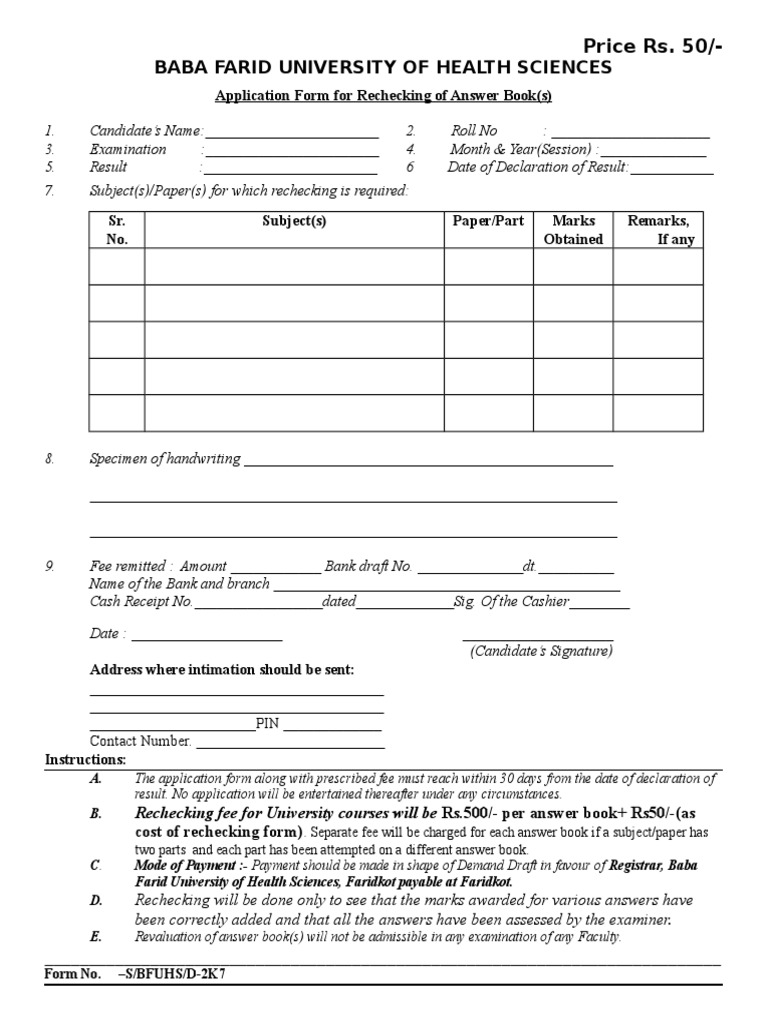 Application for Rechecking of Answer Book(s) for the Bachelor of Medicine and Bachelor of ...