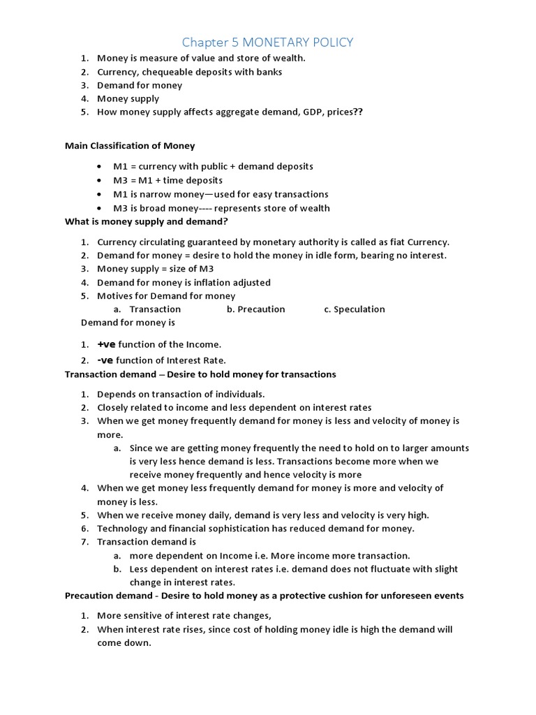 Chapter 5 Monetary Policy | PDF | Money Supply | Demand For Money