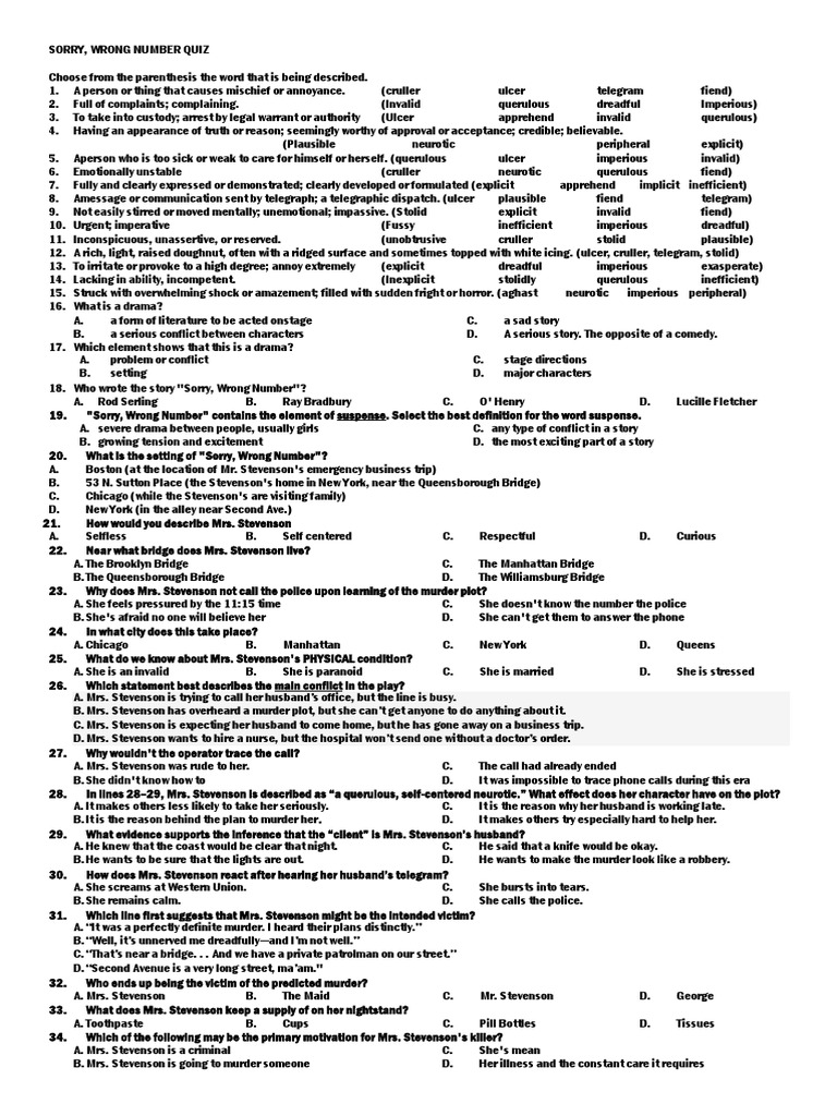 Sorry, Wrong Number Quiz | PDF