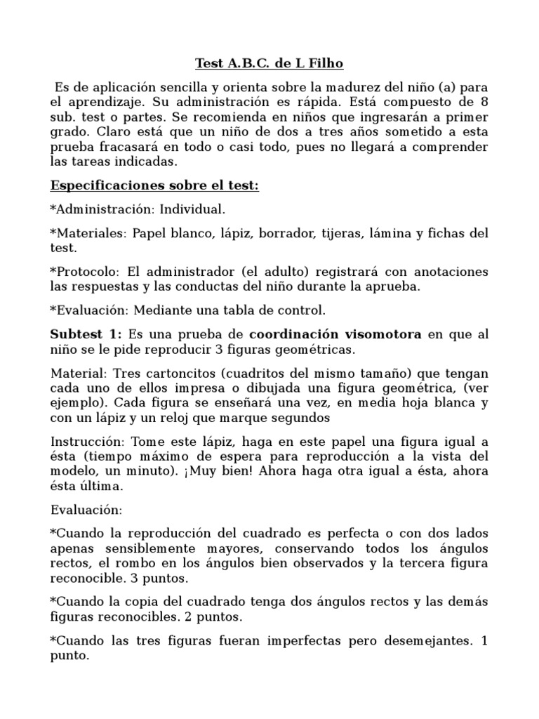 Test A.B.C. de L. Filho para Niños | PDF | Papel | Lápiz