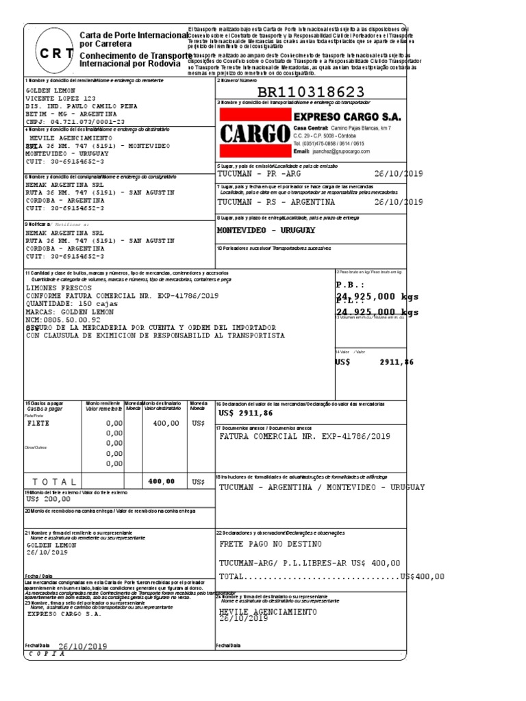 Carta de Porte Internacional Por Carretera Conhecimento de Transporte Internacional Por Rodovia ...