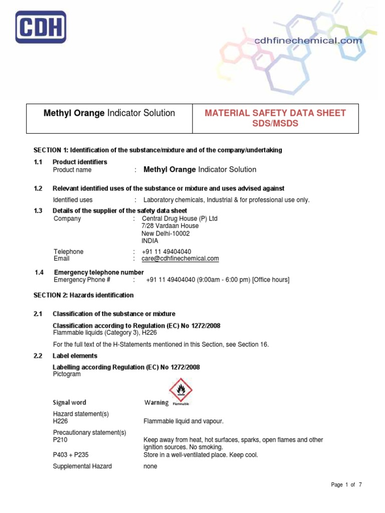 Methyl Orange Indicator Solution Safety Data Sheet | PDF | Dangerous ...