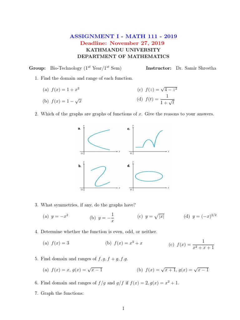 Assignment I - Math 111 - 2019: Deadline: November 27, 2019 | PDF ...