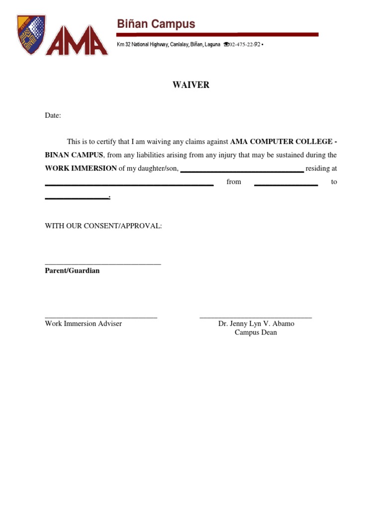 Waiver Form for Student Work Immersion Program at AMA Computer College ...