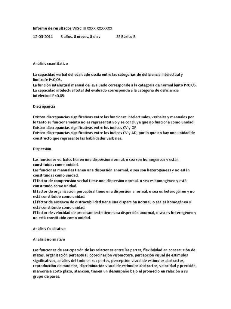 Informe Preliminar de Resultados WISC III XXXX | PDF | Memoria | Percepción