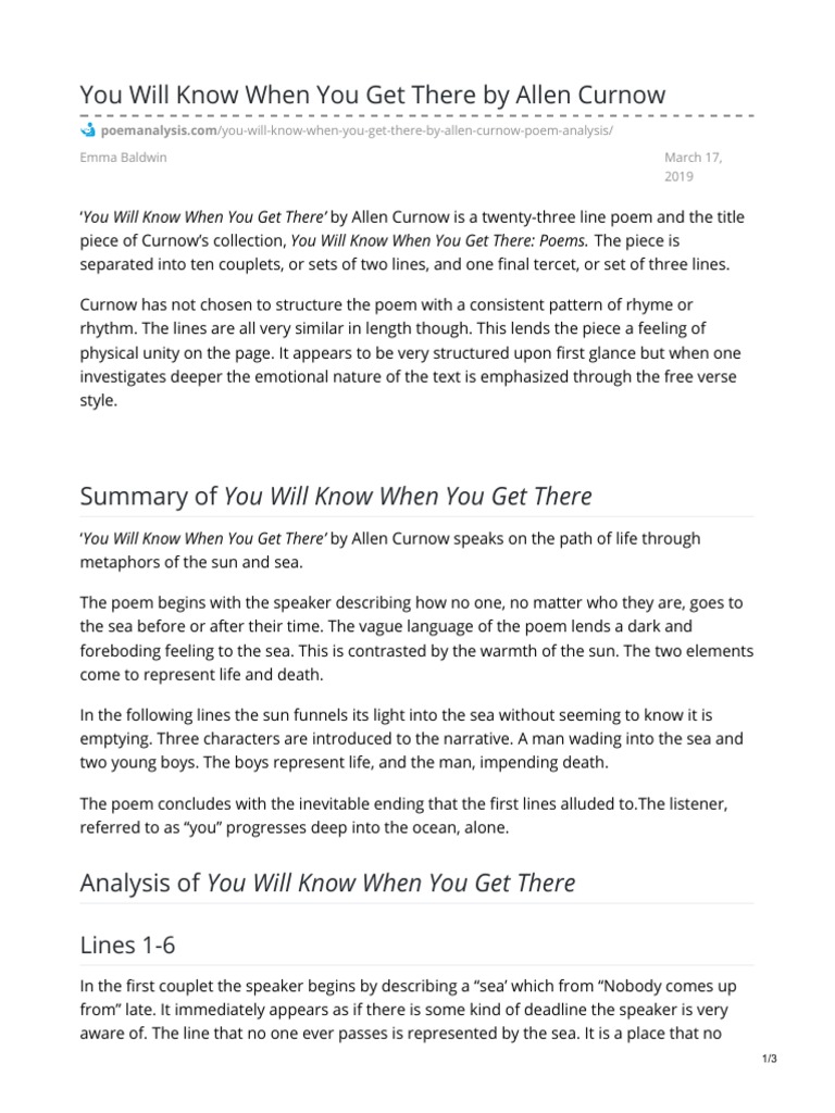 You Will Know When You Get There By Allen Curnow Pdf Poetry
