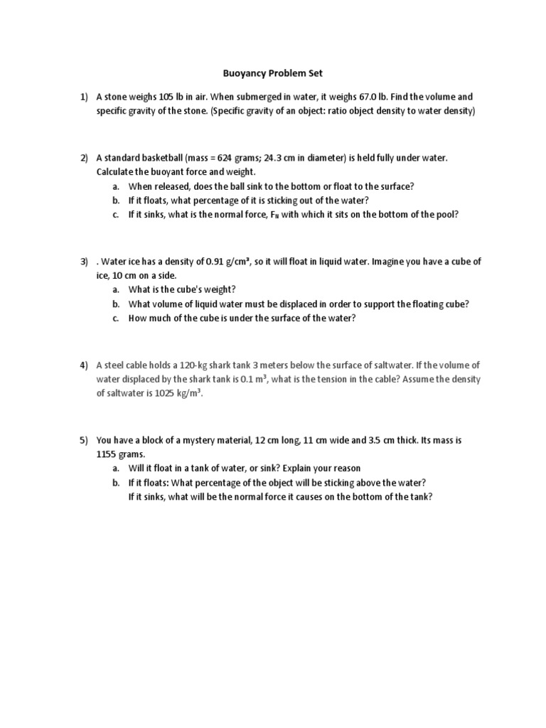 Buoyancy Problem Set | PDF | Buoyancy | Density