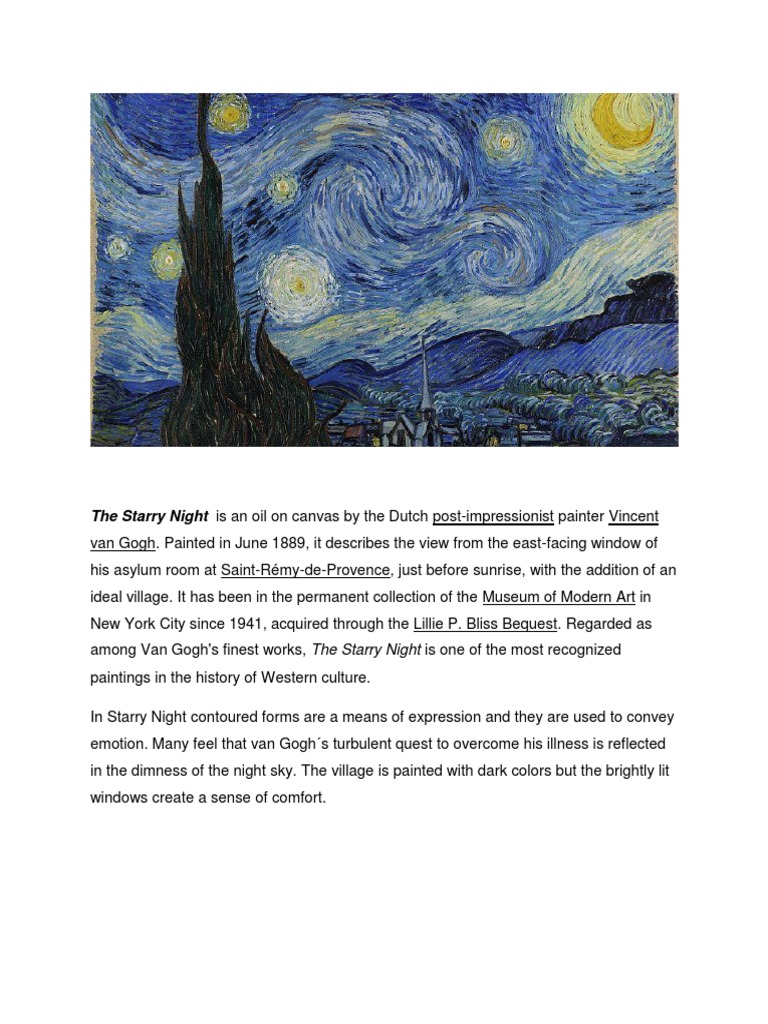 The Starry Night Is An Oil On Canvas by The Dutch Post-Impressionist ...