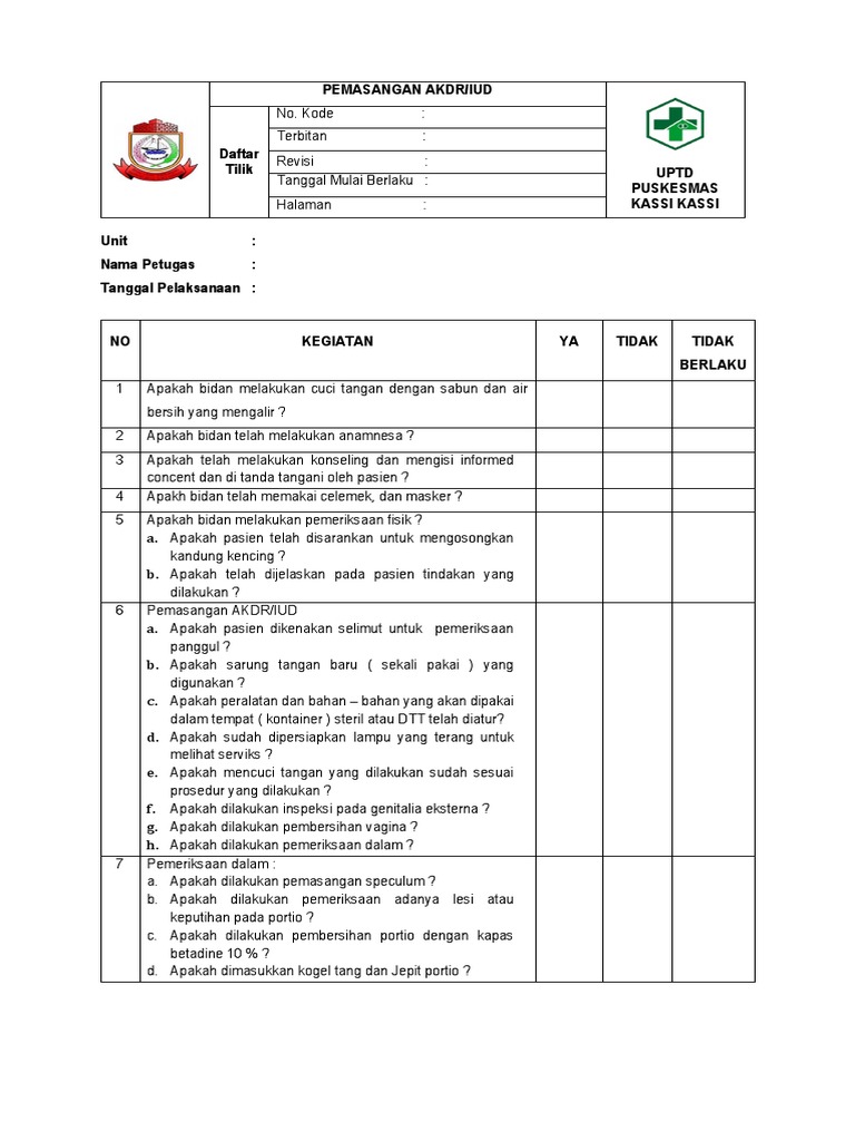 6 Daftar Tilik Pemasangan Akdr Iud | PDF