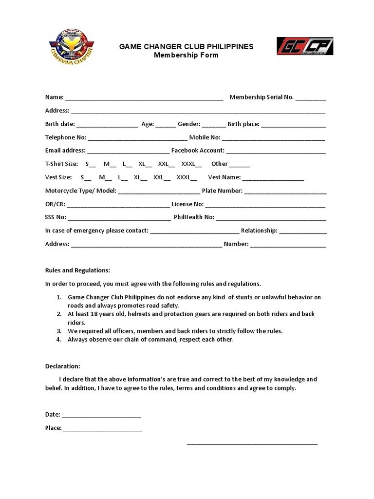 Game Changer Club Philippines Membership Form: Rules and Regulations | PDF