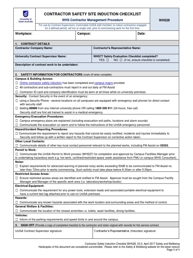Contractor Safety Site Induction Checklist: WHS Contractor Management ...