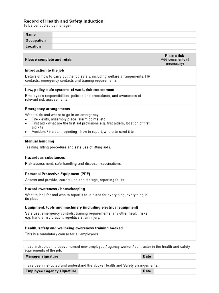 Health and Safety Induction Record | PDF | Occupational Safety And ...
