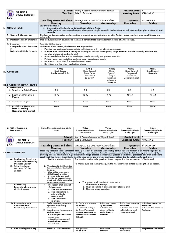 Grade 7 Daily Lesson LOG Monday Tuesday Wednesday Thursday Friday | PDF ...