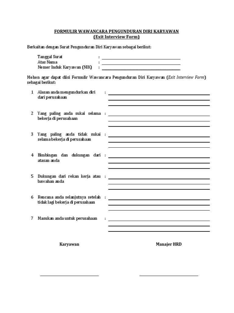 Draf Formulir Wawancara Pengunduran Diri Karyawan (Exit Interview Form ...