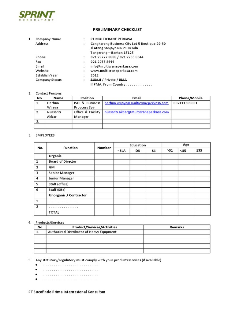 Preliminary Checklist: No Name Position Email Phone/Mobile | PDF | Business
