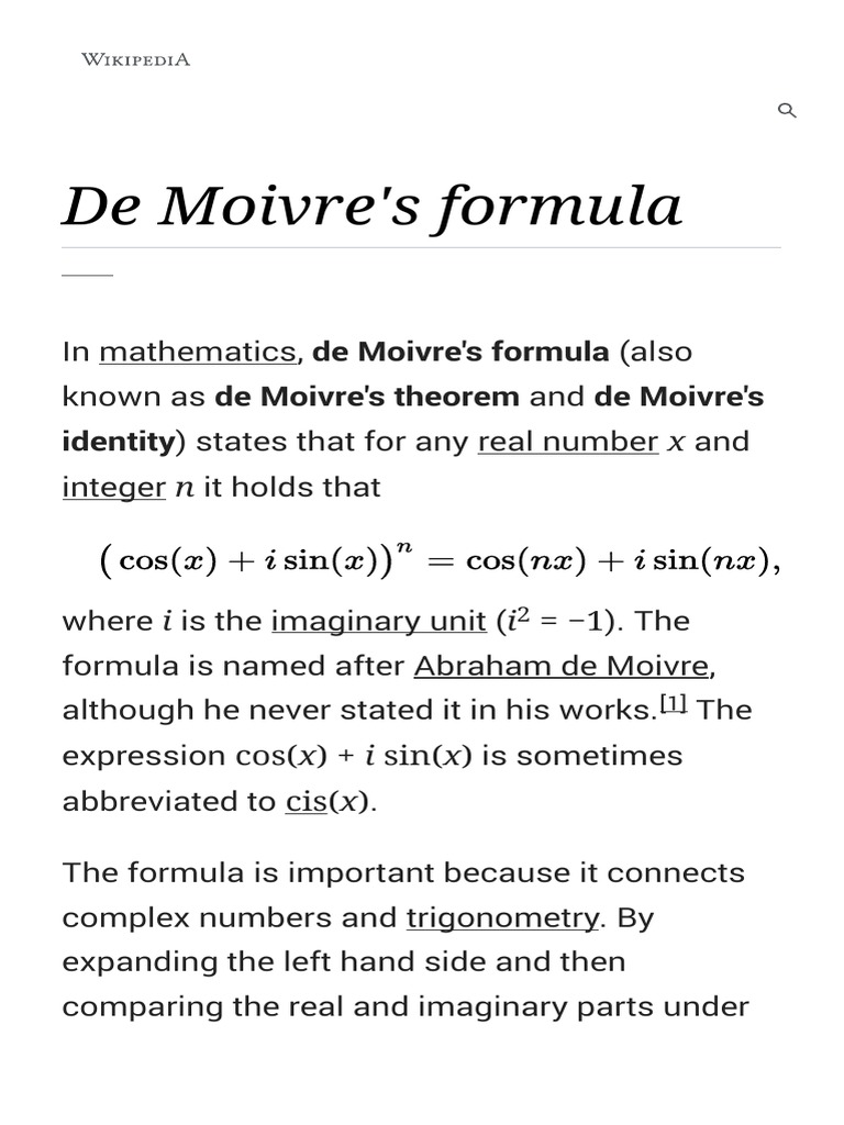 De Moivre's Formula | PDF | Trigonometric Functions | Complex Number