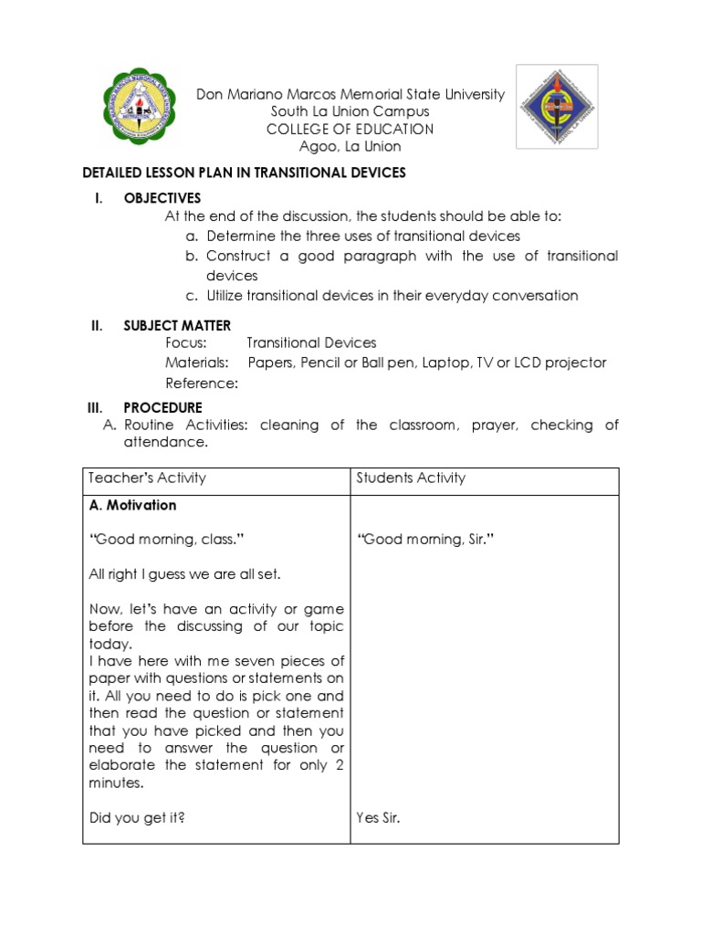Detailed Lesson Plan in Transitional Devices | PDF | Question | Pedagogy