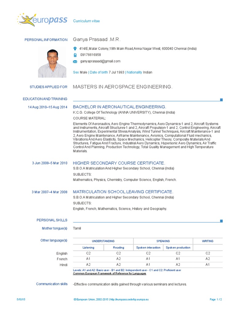 CV Europass Sample | PDF | Aerodynamics | Engineering