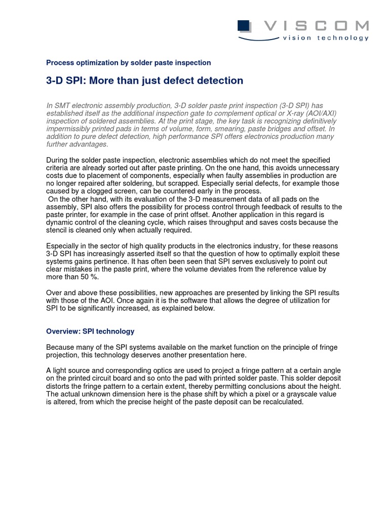 SMT 3-D SPI for Electronics Quality | PDF | Image Resolution | Accuracy ...