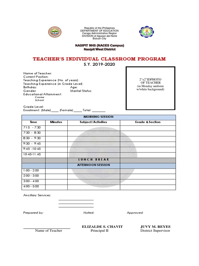 Teacher'S Individual Classroom Program: Name of Teacher Principal II ...