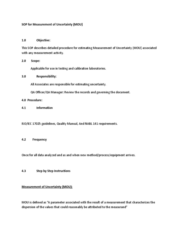 SOP For Measurement of Uncertainty | PDF | Uncertainty | Standard Deviation