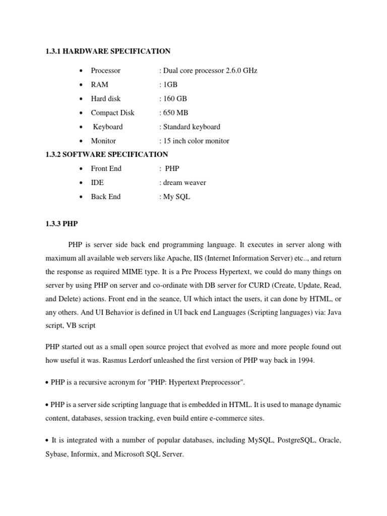 1.3.1 Hardware Specification | PDF | My Sql | Php