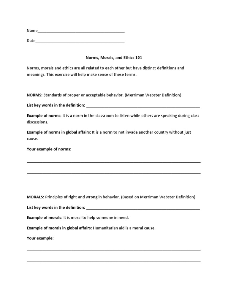 Norms, Morals, and Ethics Worksheet | PDF | Value (Ethics) | Morality
