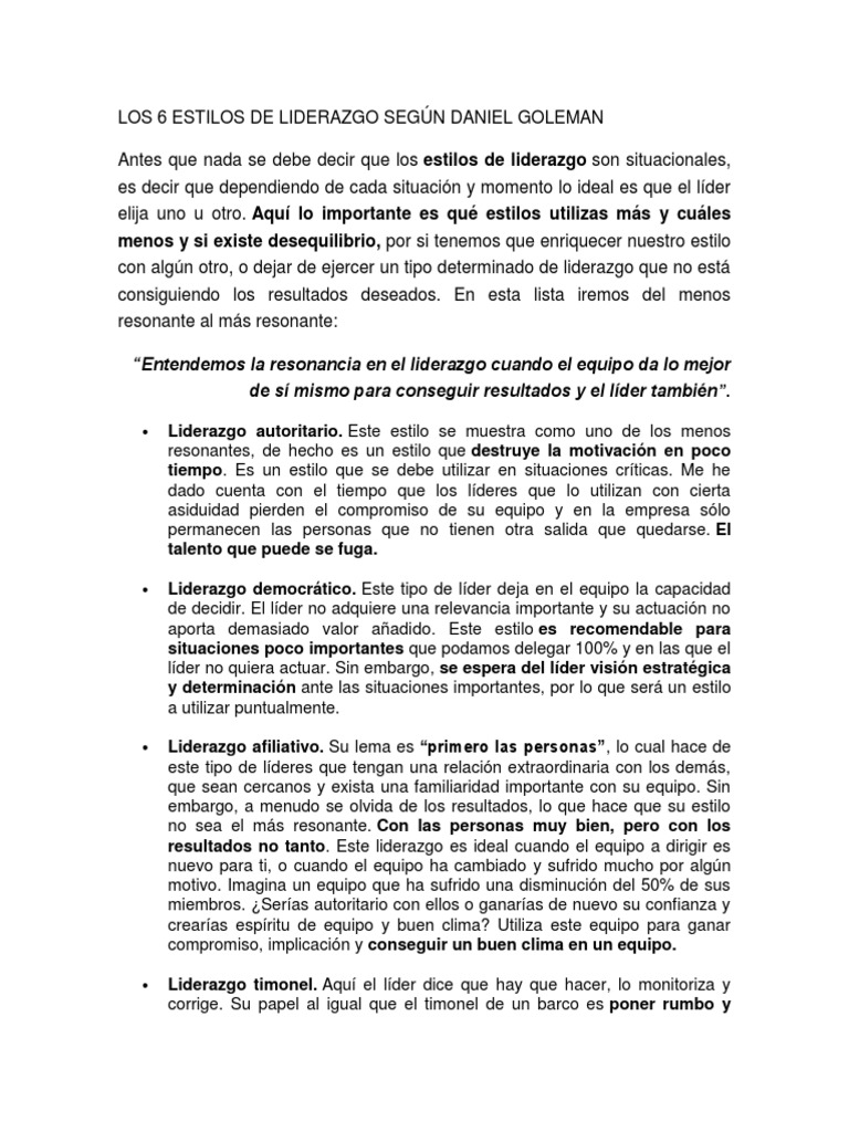 Los 6 Estilos de Liderazgo Según Daniel Goleman | PDF | Liderazgo | Sicología