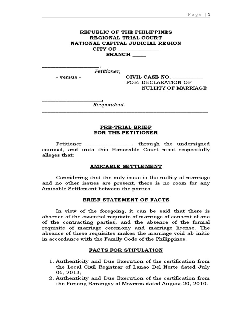 Sample Pre Trial Brief Annulment | PDF | Annulment | Social Institutions