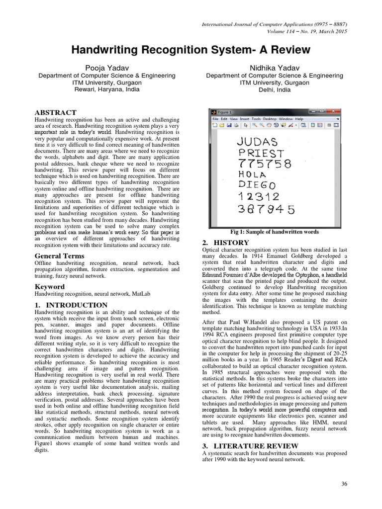 Handwriting Recognition System-A Review: Pooja Yadav Nidhika Yadav ...