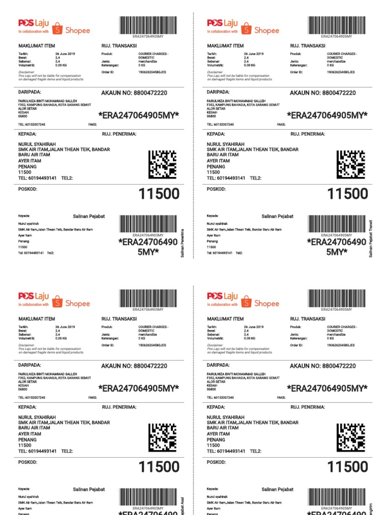 Shopee Poslaju Waybill PDF | PDF