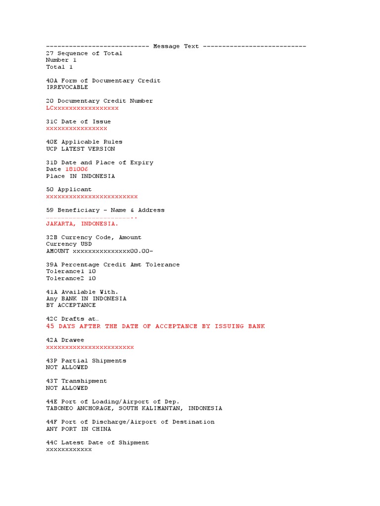 Draft LC Format - 45 Days Usance by Acceptance Kosongan | PDF | Letter ...
