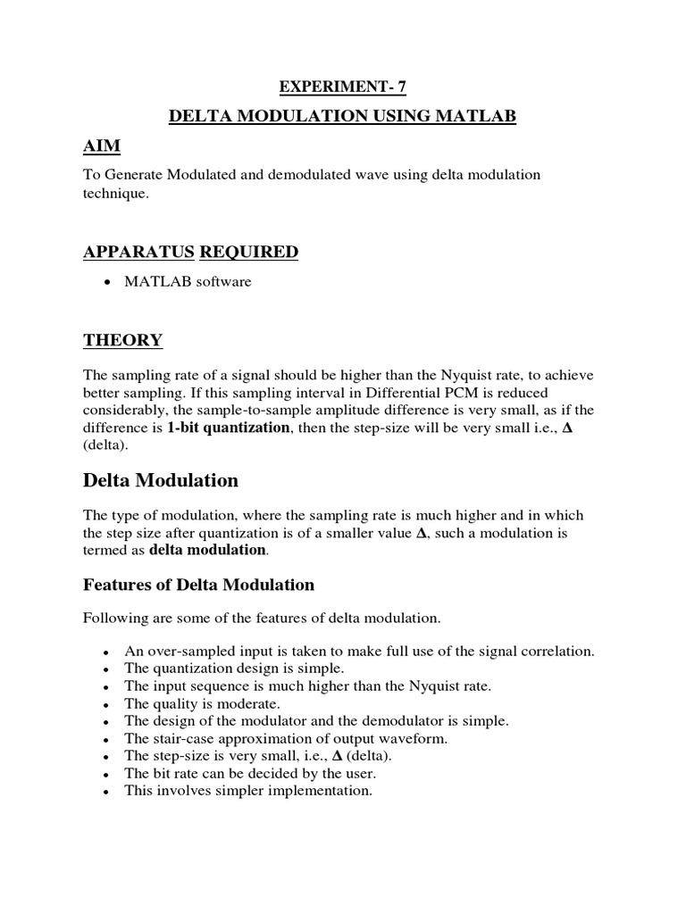 Delta Modulation Using Matlab AIM | PDF | Modulation | Sampling (Signal ...