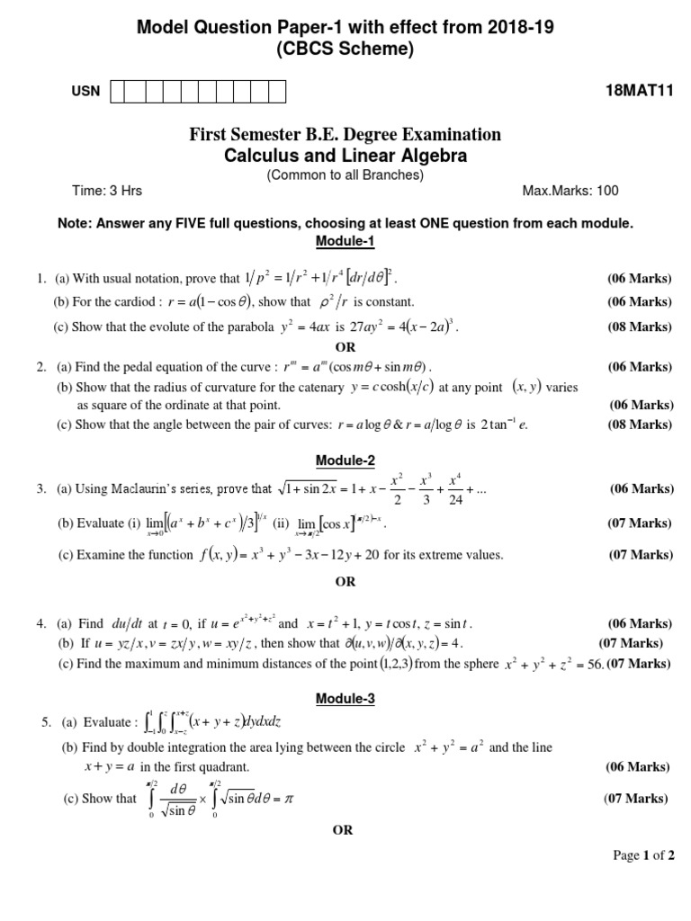 Calculus Linear Algebra Model Question Paper 1 2018 PDF | PDF ...