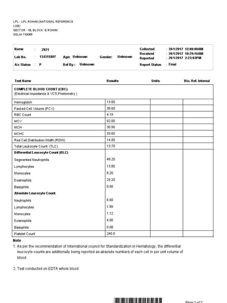 CBC Sample PDF | PDF | White Blood Cell | Hematology