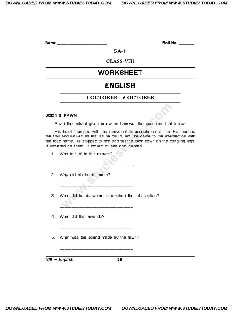 CBSE Class 8 English Worksheet 21 | PDF | Language Arts & Discipline