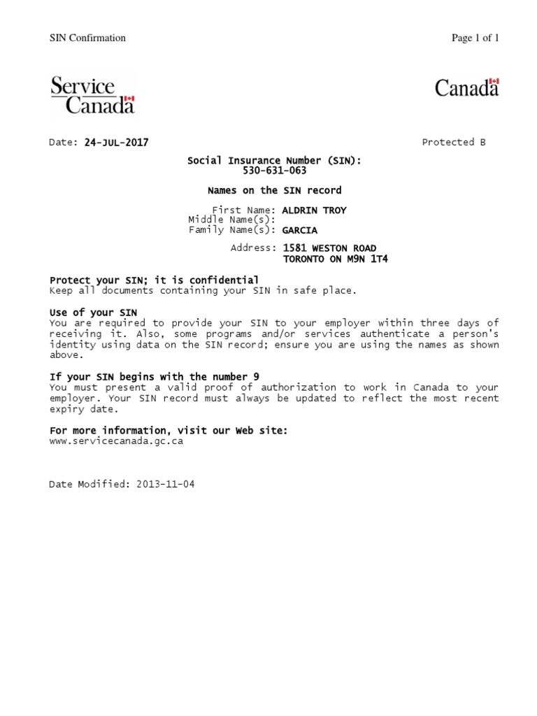 SIN Confirmation Page 1 of 1 | PDF