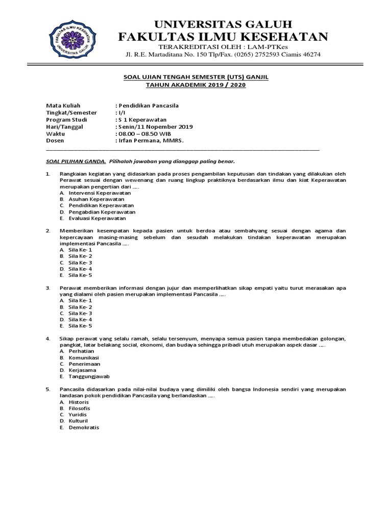 Soal Pancasila Perawat Ujian Tengah Semester 2019 | PDF | Pengembangan Diri | Kesehatan Holistik