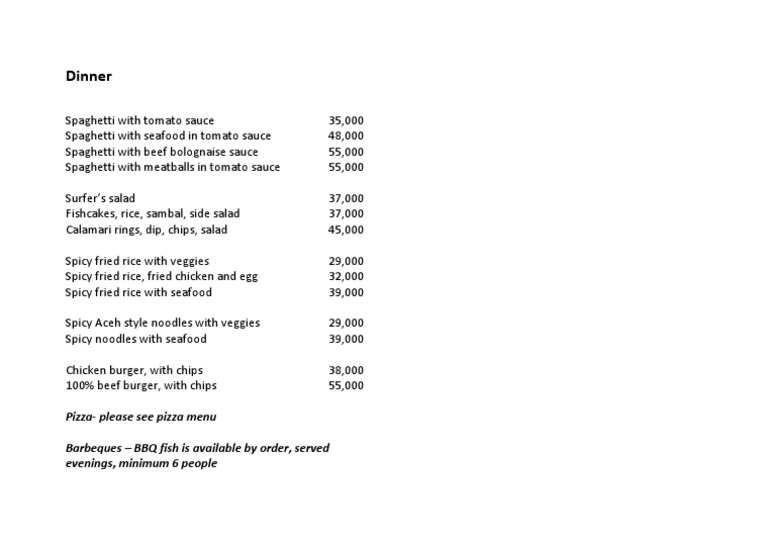 Dinner Menu: Spaghetti, Salads & More | PDF