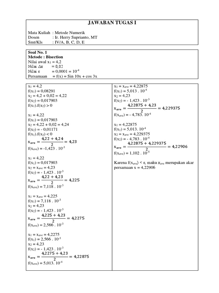 Jawaban Tugas I: Soal No. 1 Metode: Bisection | PDF