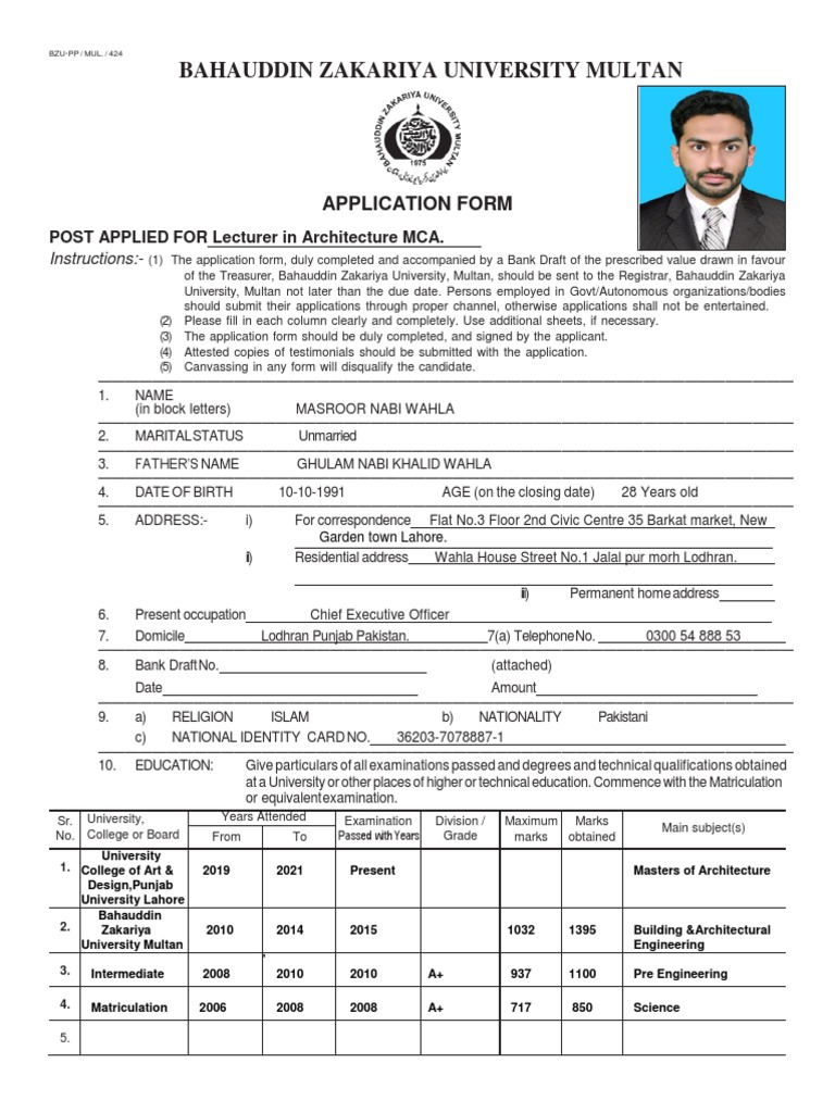 Bahauddin Zakariya University Multan: Application Form | PDF | Academic ...