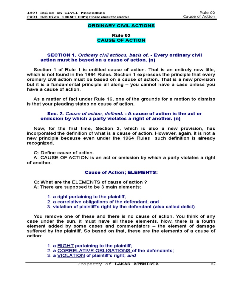 Ordinary Civil Actions Rule 02 Cause of Action: 1997 Rules On Civil ...