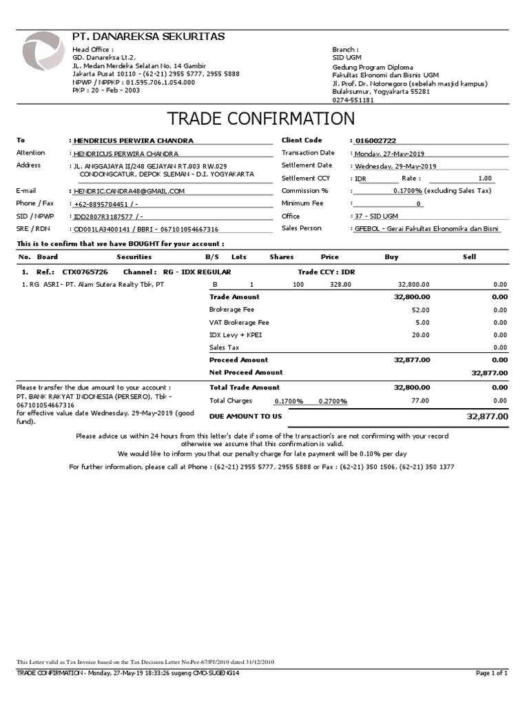 Trade Confirmation: Pt. Danareksa Sekuritas | PDF | Services (Economics ...