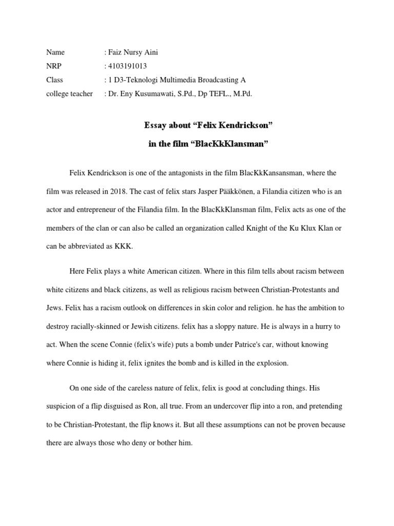 Felix Kendrickson in BlacKkKlansman Analysis | PDF