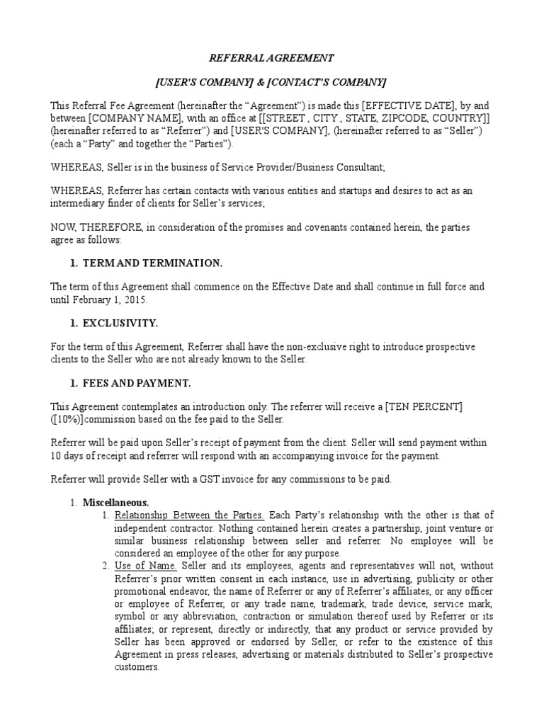 Referral Fee Agreement | PDF | Invoice | Private Law