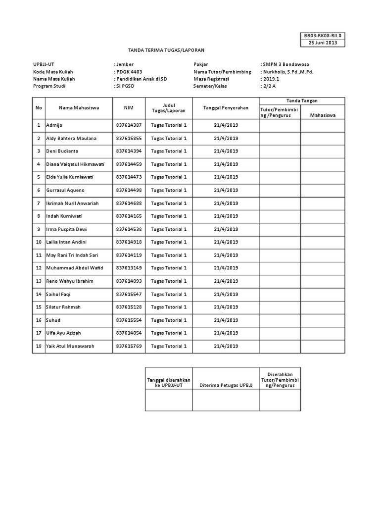 Tanda Terima Tugas Tutorial 1, 2, 3 - PKR | PDF