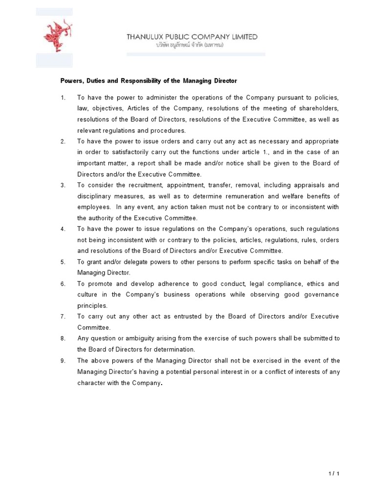 Managing Director Powers and Duties | PDF | Career & Growth