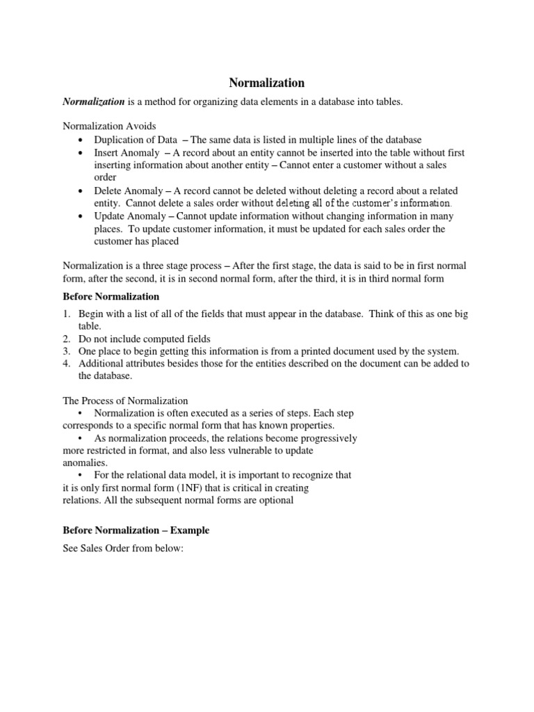 Normalization: Normalization Is A Method For Organizing Data Elements in A Database Into Tables ...